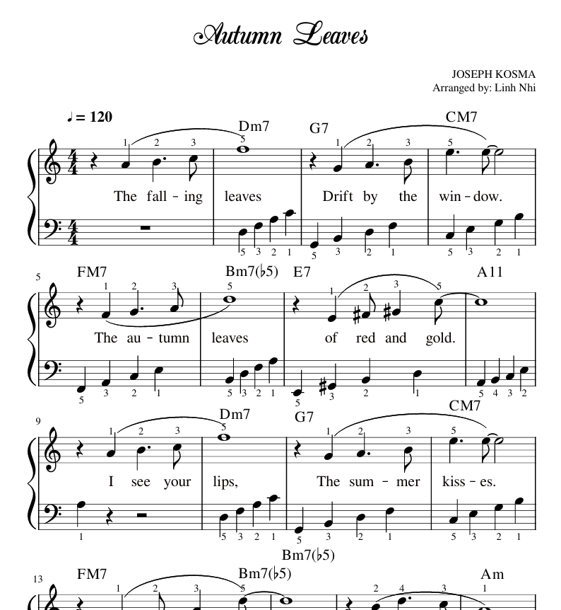 Autumn Leaves - Piano Sheet - Linh Nhi Piano